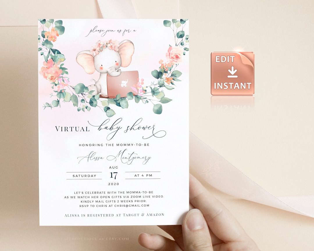 Pink Zoom Baby Shower Invitation, Virtual Girl Printable Template ...