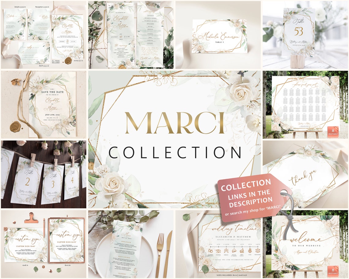 MARCI Wedding Welcome Sign White Roses Geometric Faux Gold - Etsy