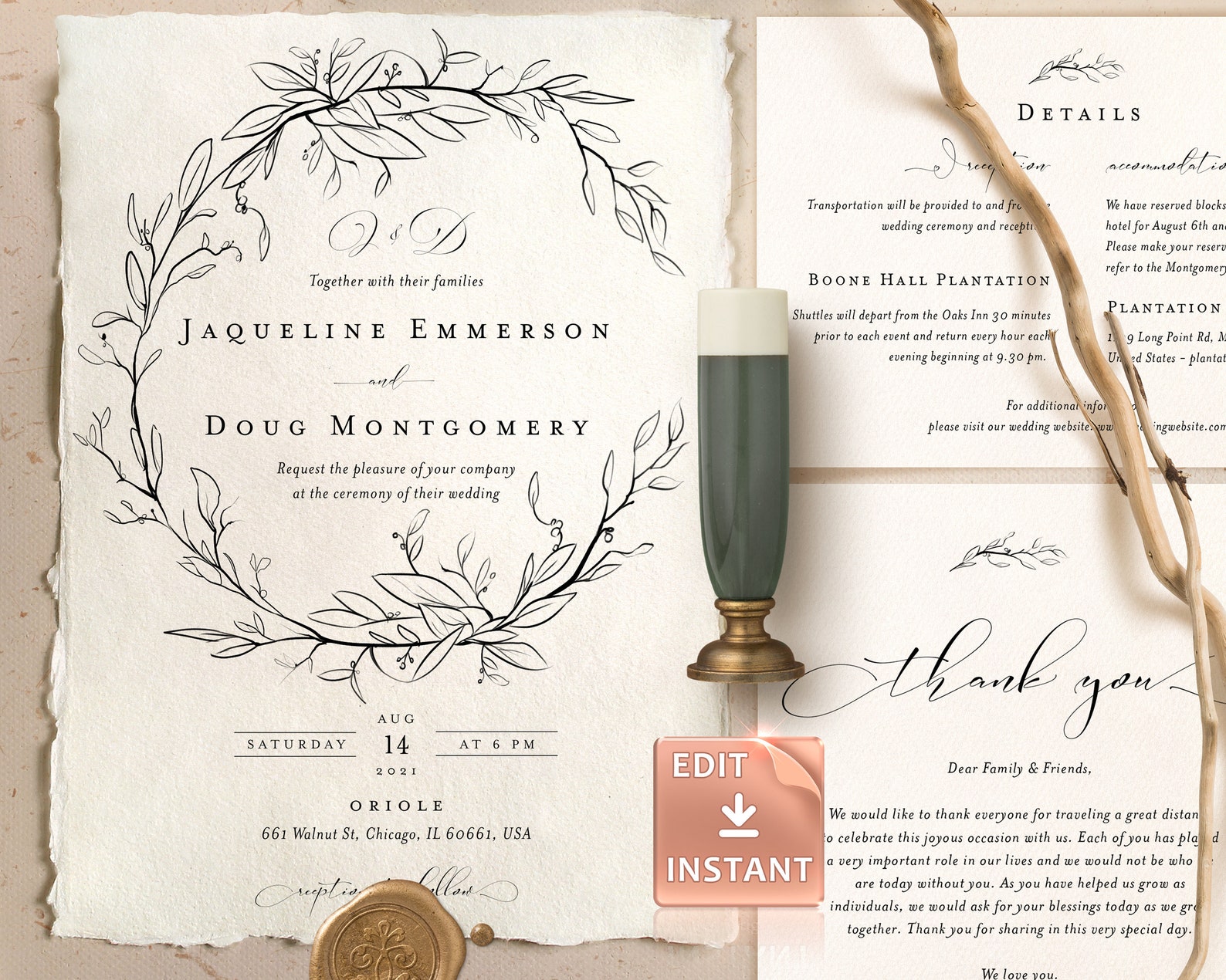 ELLE Monogram Wedding Invitation Template, Simple Elegant Printable ...