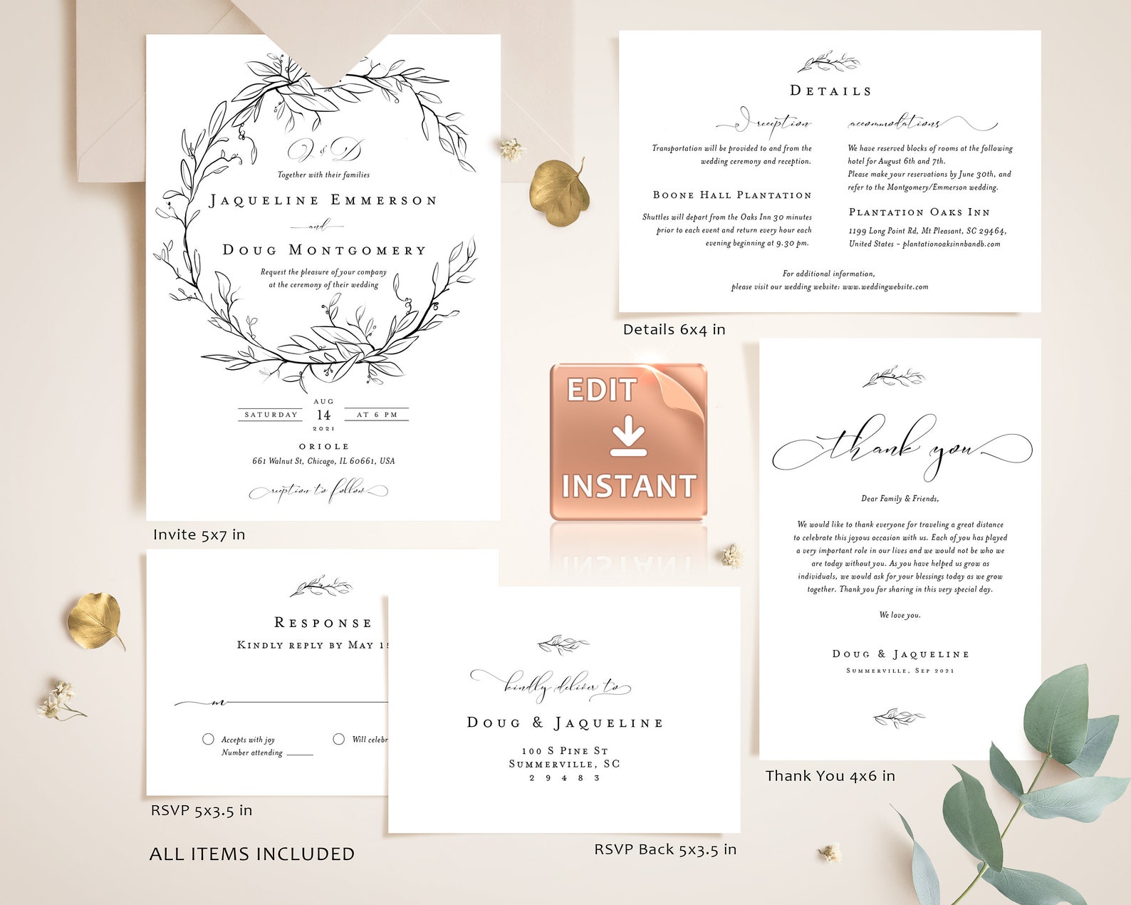 ELLE Monogram Wedding Invitation Template, Simple Elegant Printable ...