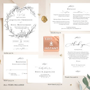 ELLE - Monogram Wedding Invitation Template, Simple Elegant Printable ...