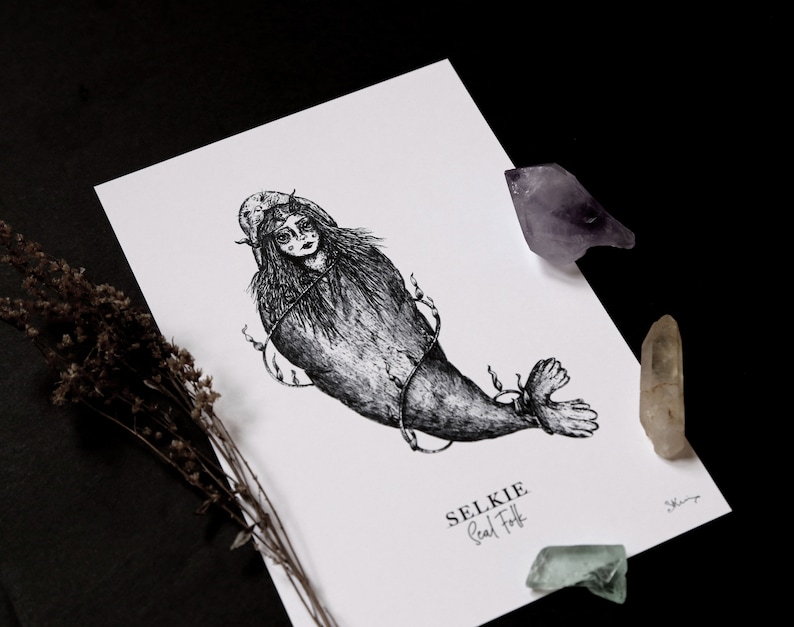 Selkie Art Print – Celtic Mythology, Black and White Ocean Animal Decor ...