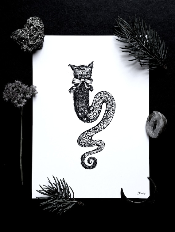 Cat Lizard Art Print Cute Black Cat Art Cat Lover Gift | Etsy