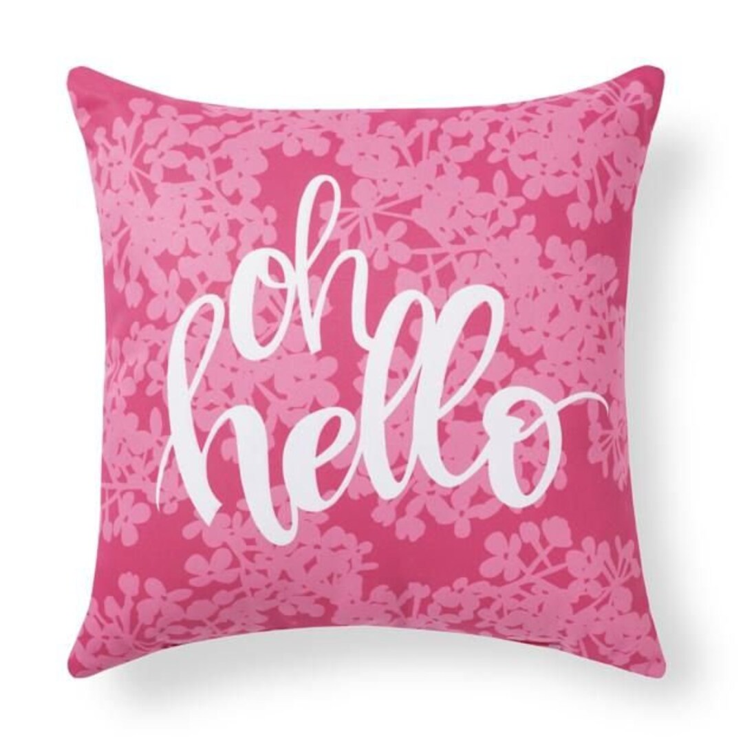 Oh Hello Indoor/outdoor Pillow, Pink Floral Throw Pillow, Greeting ...