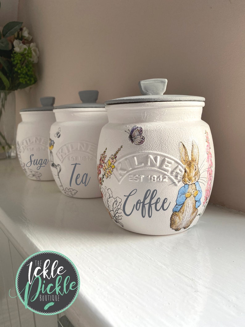 Peter Rabbit Decoupage Kitchen Canister Jar Set. Tea, Coffee and Sugar ...