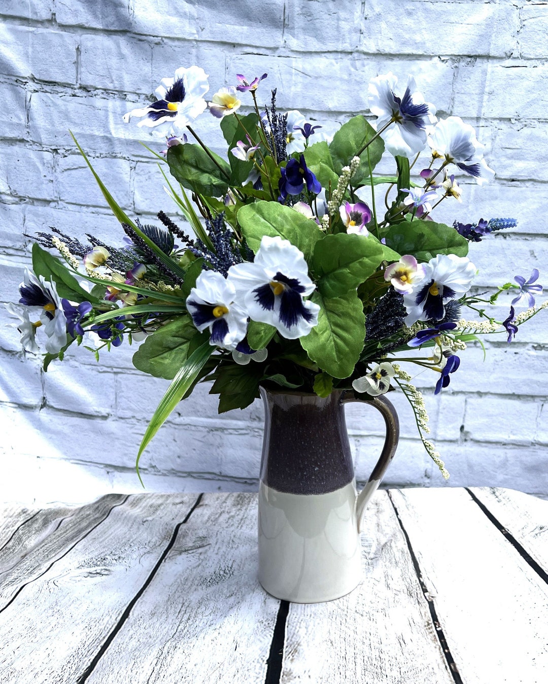 Purple & White Pansies in Purple Water Pitcher - Etsy