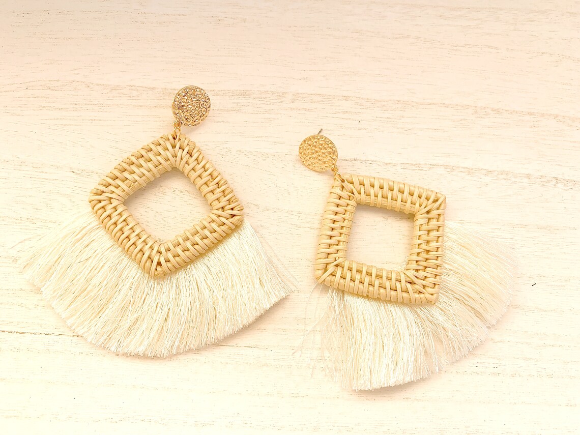 Woven Straw Tassel Earrings: Beige Boho Statement Earrings - Etsy