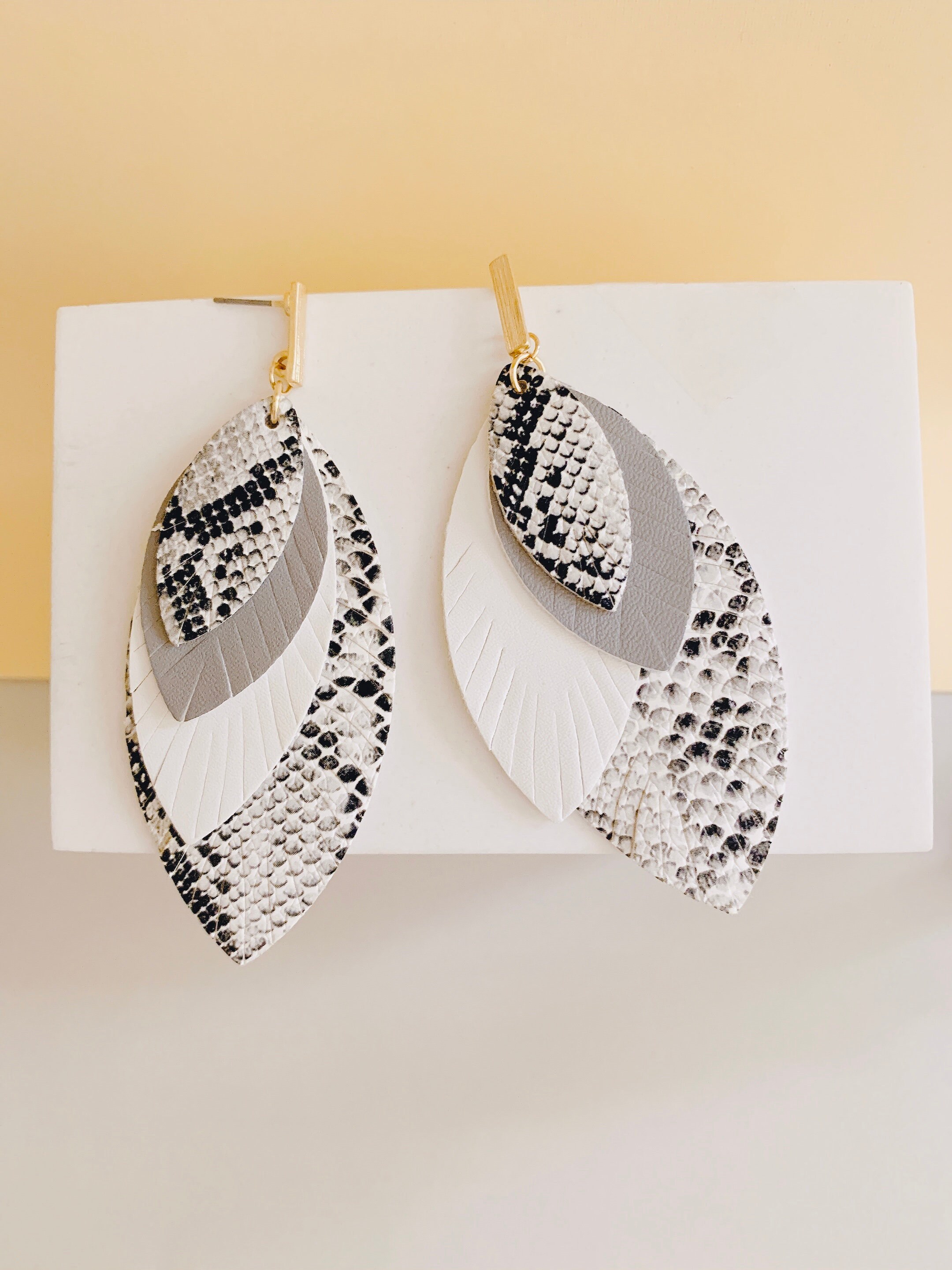 Genuine Leather Feather Dangle Earrings, Leather Earrings, Gray Feather ... Genuine Leather Feather Dangle Earrings, Leather Earrings, Gray Feather ...