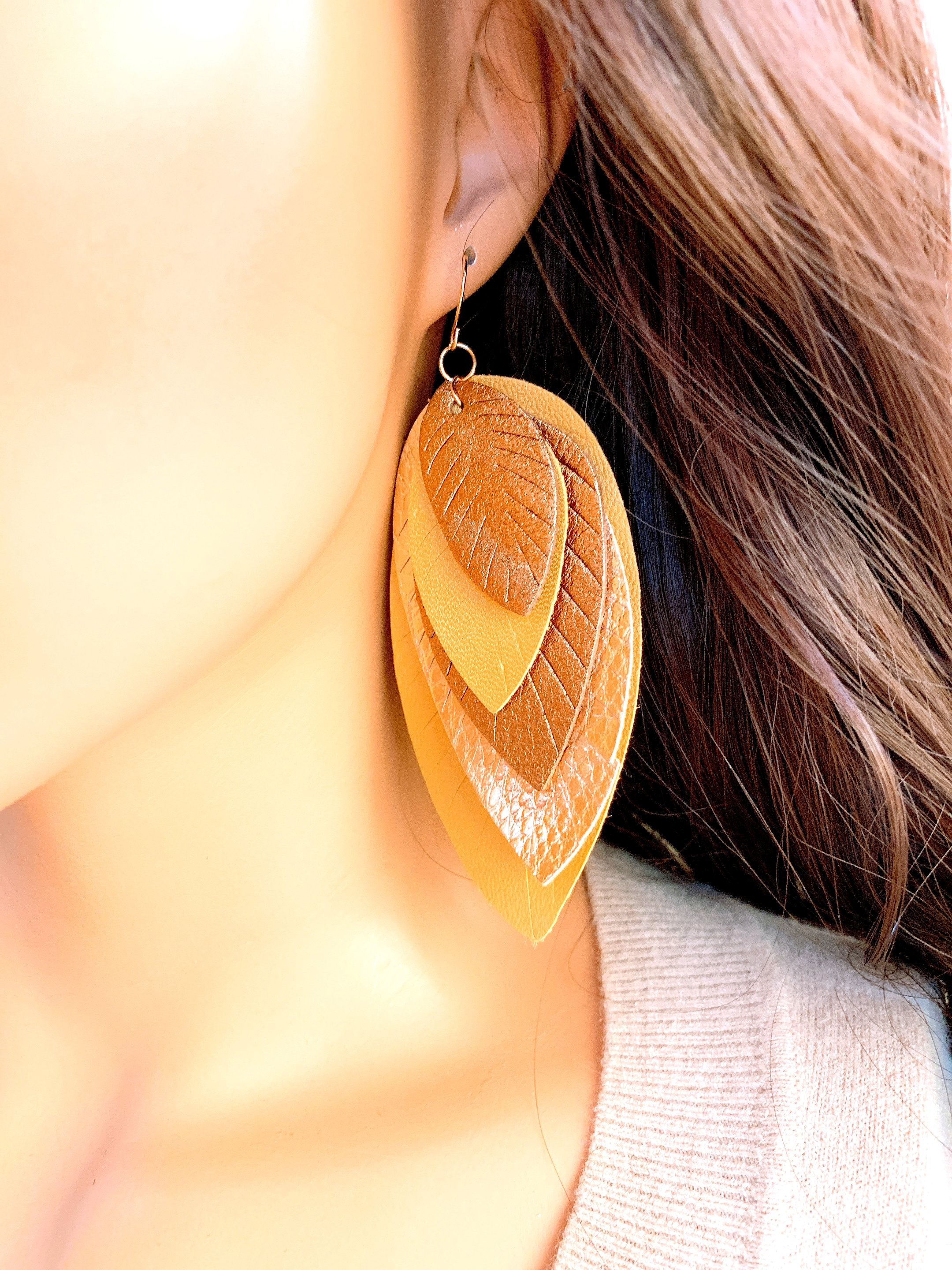 Leather Earrings Leather Feather Earrings Layered Leather - Etsy