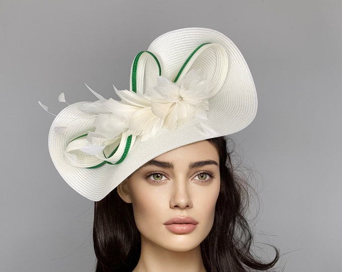 Cream and Green Bow Kentucky Derby Fascinator, Royal Ascot Hat, Ivory ...