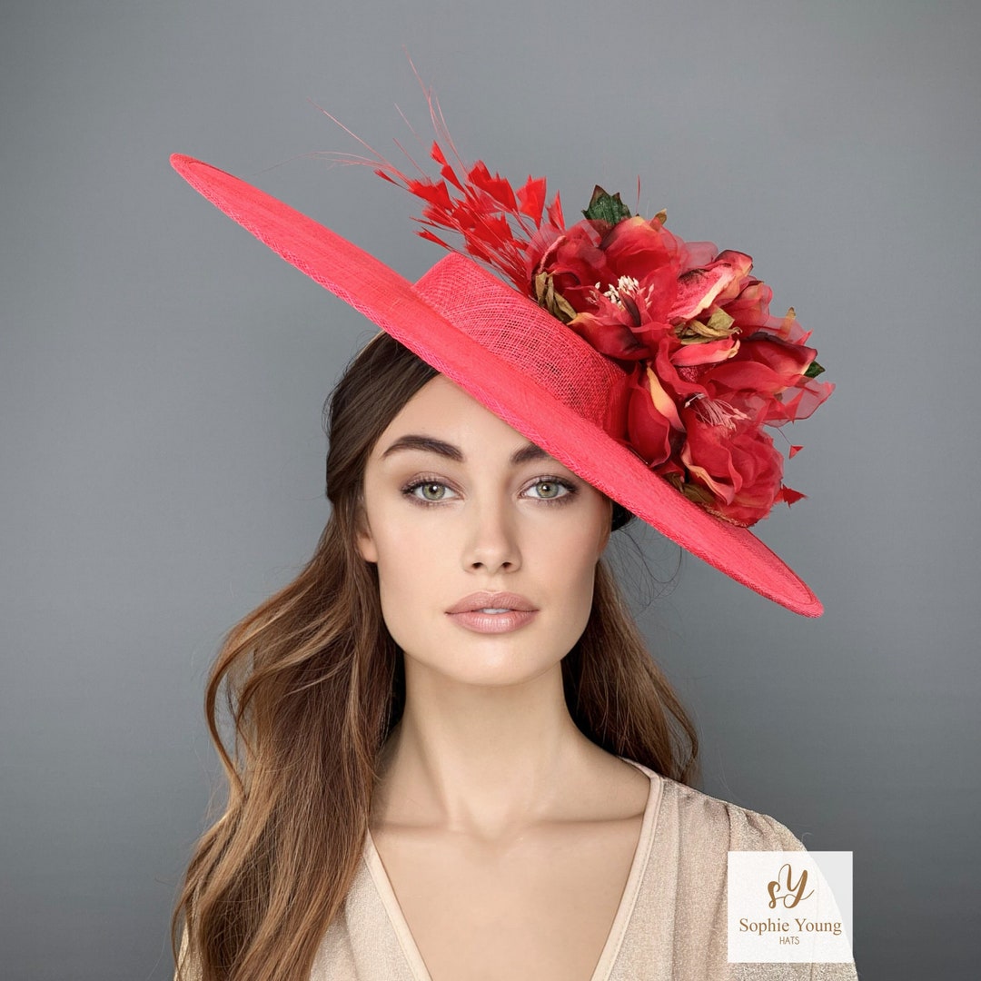 Red Kentucky Derby Hat, Feathers Hat Red, Red Royal Ascot Hat, Wedding ...