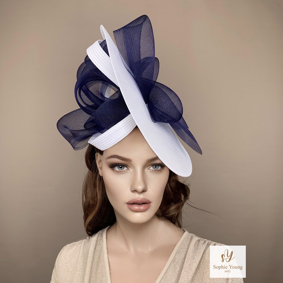 Navy Blue Kentucky Derby Hat, White and Blue Races Hat, Bown Royal ...