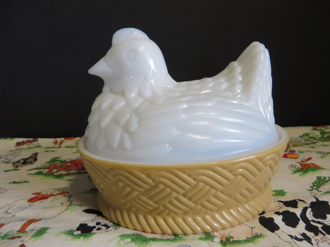 Hen on Nest - White Milk Glass Chicken on Basket Candy Dish ...