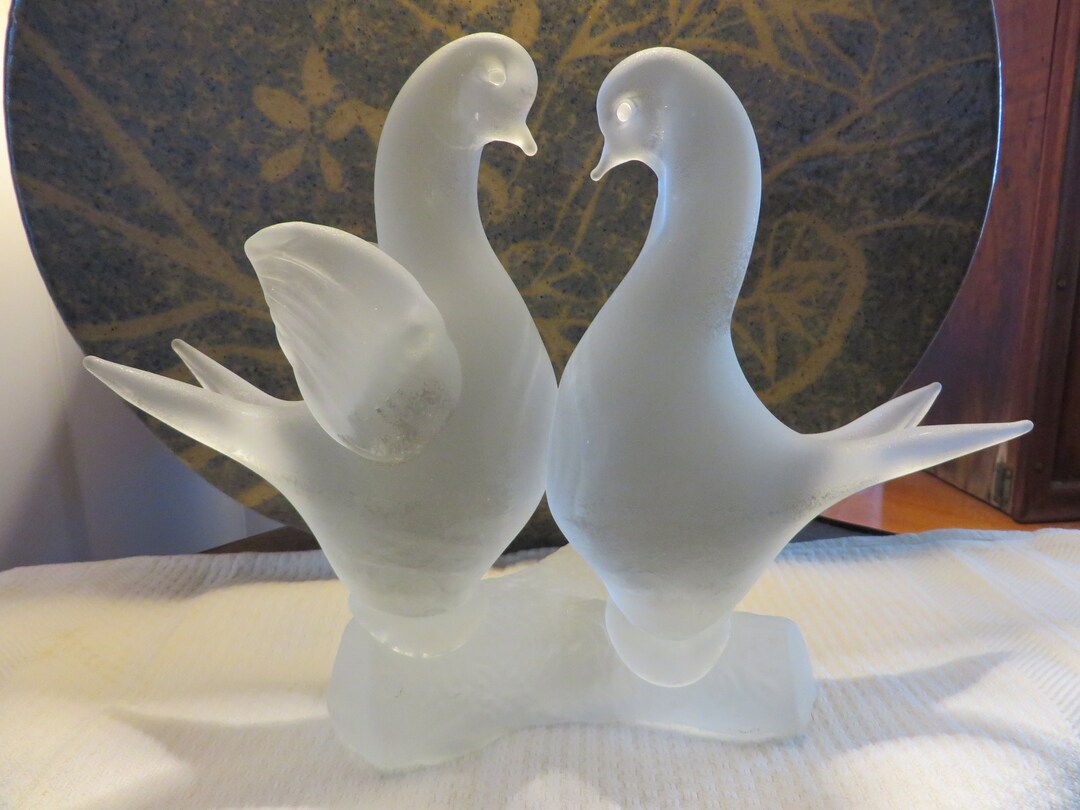 Large Satin Love Birds - Heavy Pair of Solid Frosted Glass Doves on a ...