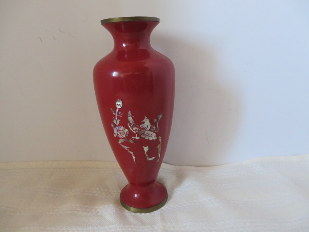 Vintage Asian Vase - Red Enamel, Brass and Mother of Pearl Inlay ...
