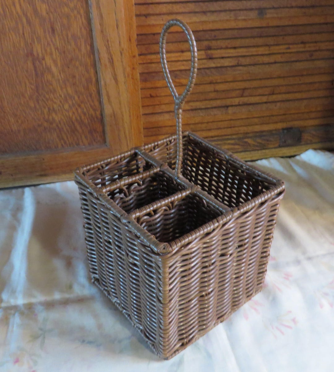 Vintage Picnic Caddy - 1970's Woven Plastic Rattan on Metal Wire - Four ...