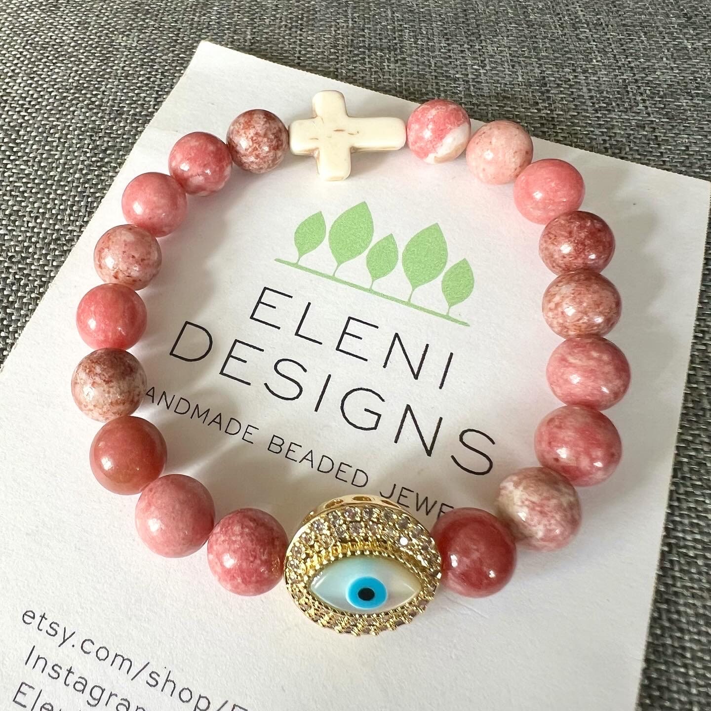 Evil Eye, Stone Cross and Lovely Pink Rhodochrosite Bead Bracelet. - Etsy
