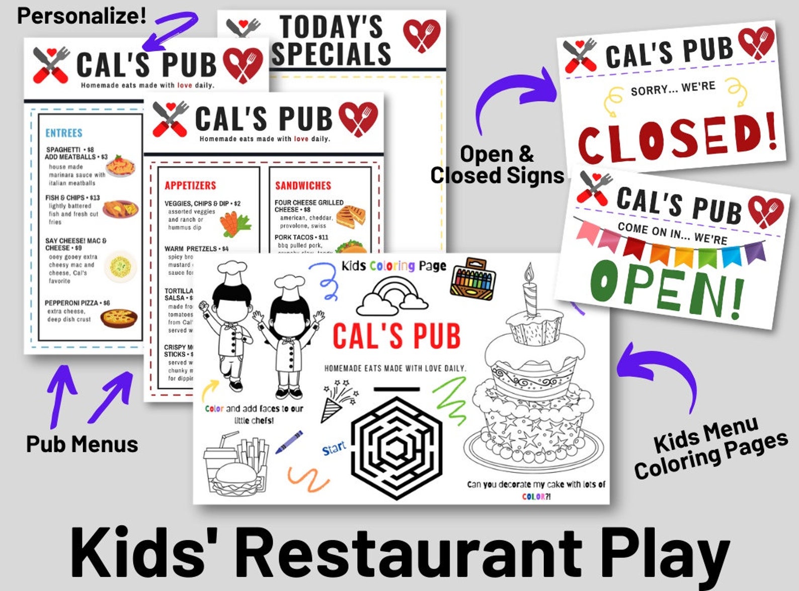 Kids Restaurant Play Set| Personalized Pub Menu | Kids Apron, Chef Hat ...