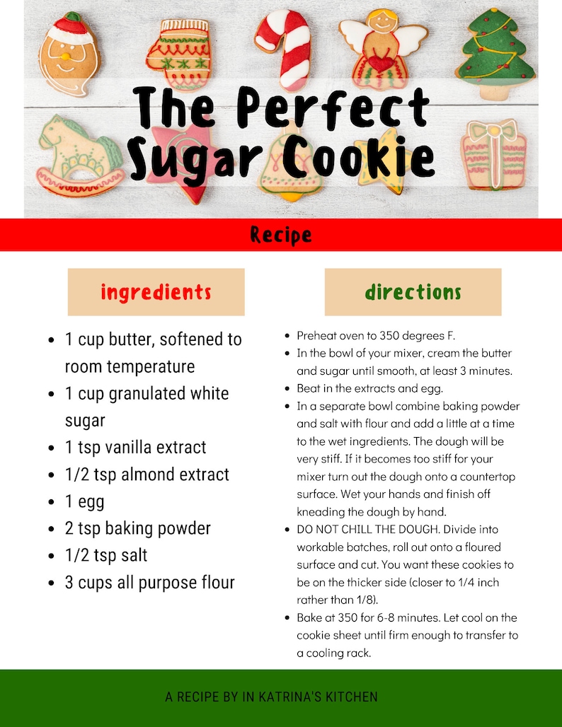 Kids Sugar Cookie Recipe Cards INSTANT DOWNLOAD - Etsy