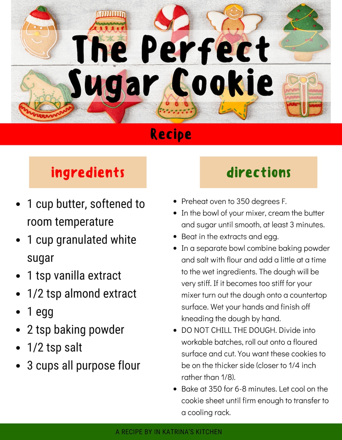Kids' Sugar Cookie Recipe Cards Ingredients & Tools - Etsy