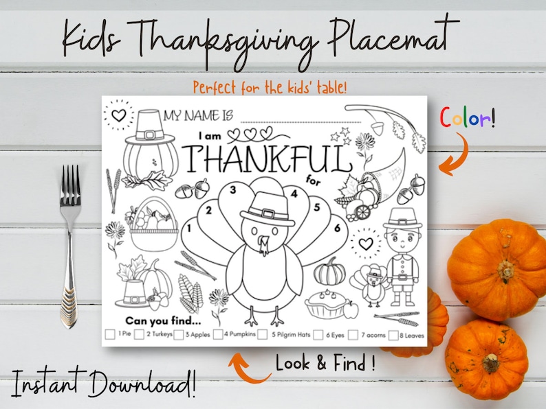 Kids Thanksgiving Placemat I Am Thankful for Kids Table - Etsy