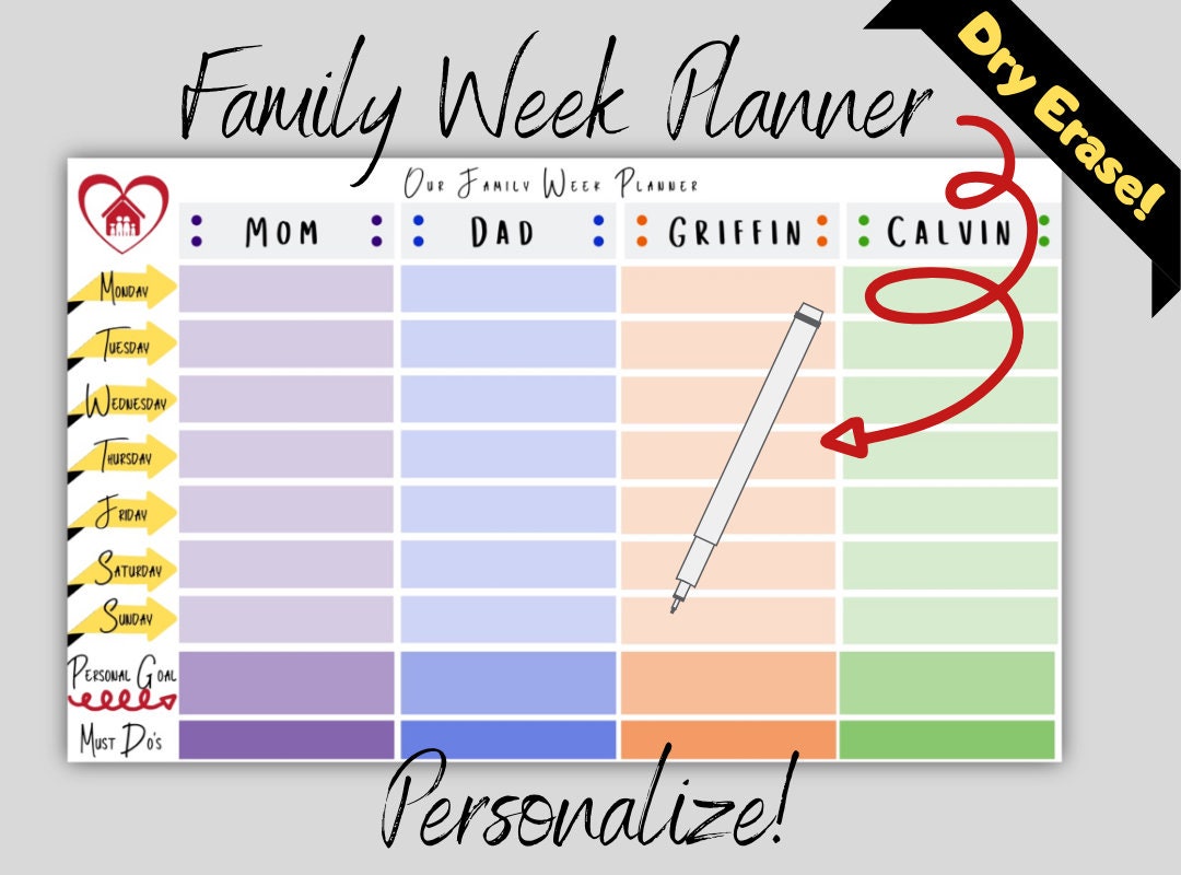 Family Week Planner | Dry Erase | Ready to Personalize! - Etsy