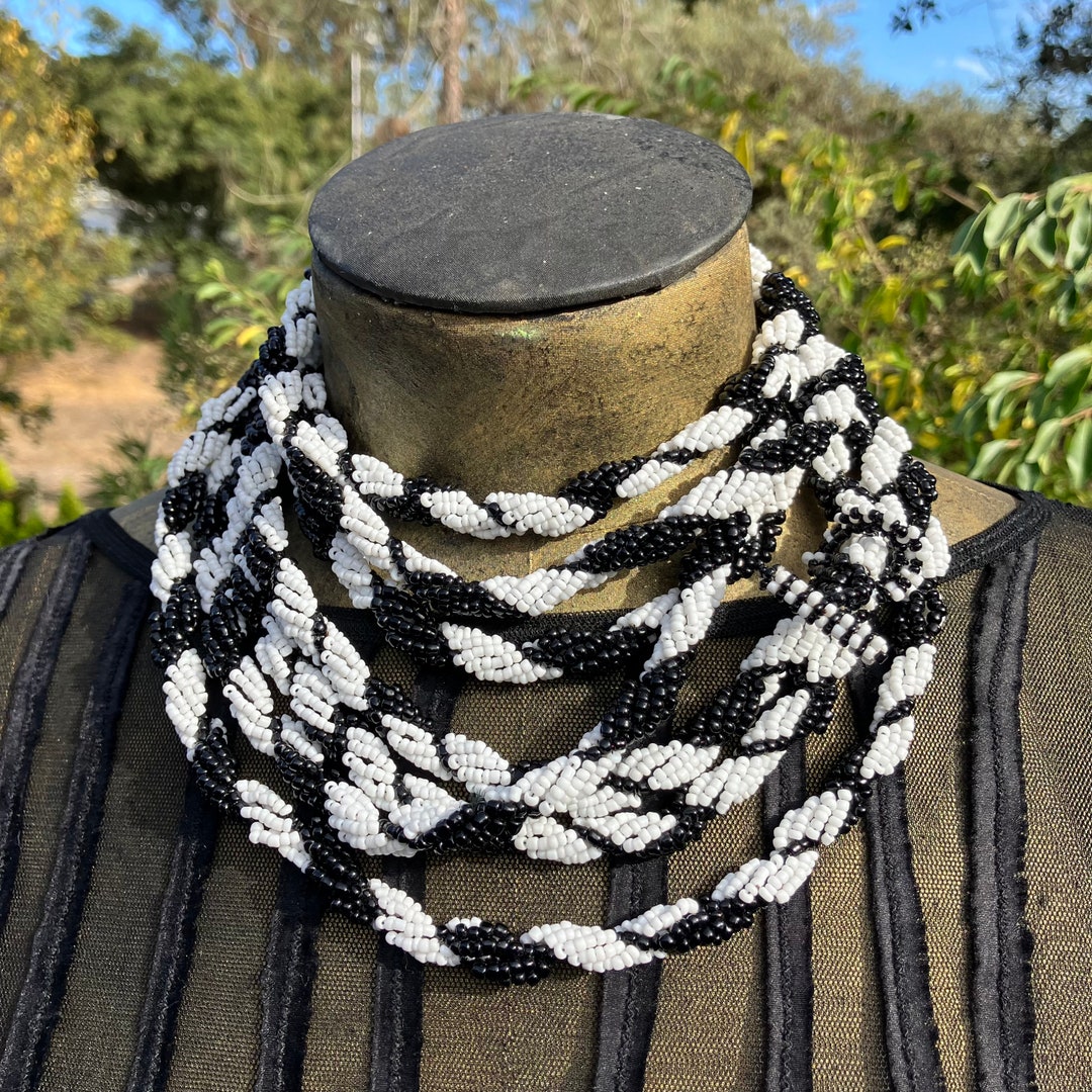 Long and Layered Black & White Rope Statement Necklace Handcrafted in ...