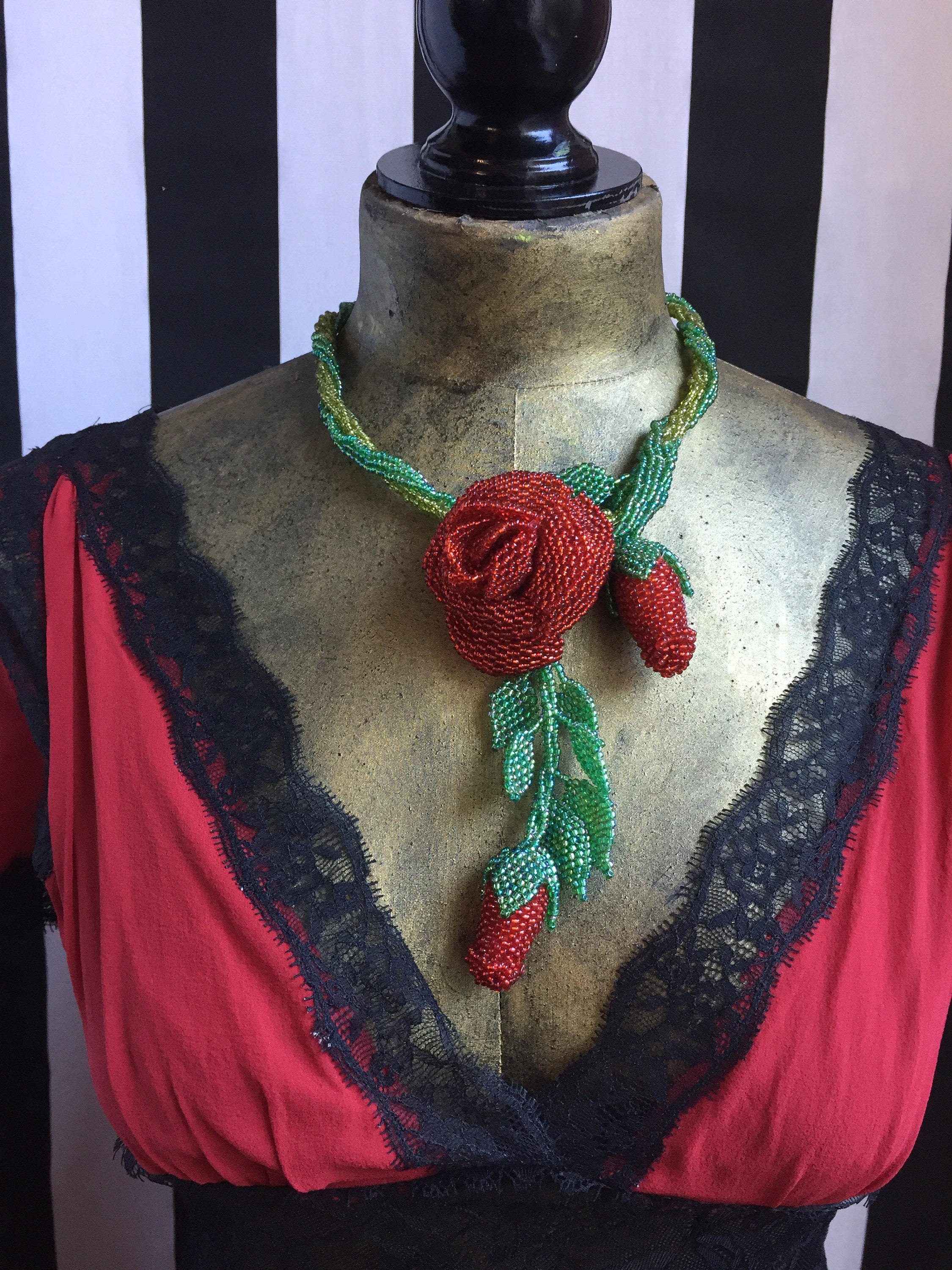 A Fairy-tale Shimmering Red Damask Rose Bead Necklace Symbolic in the ...