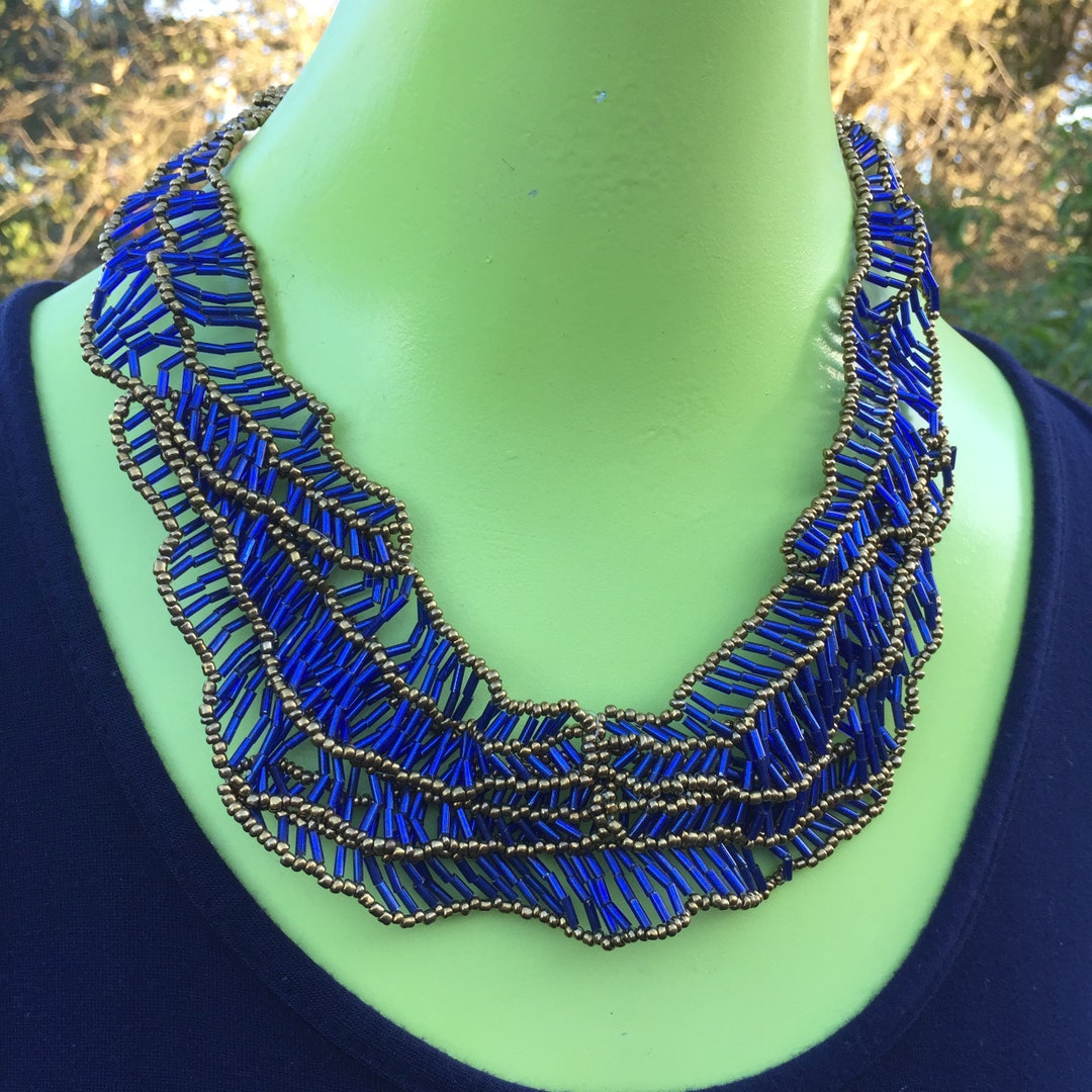 Bright Blue Beaded Leaves Statement Collar A Layered Fall Leaf Necklace ...