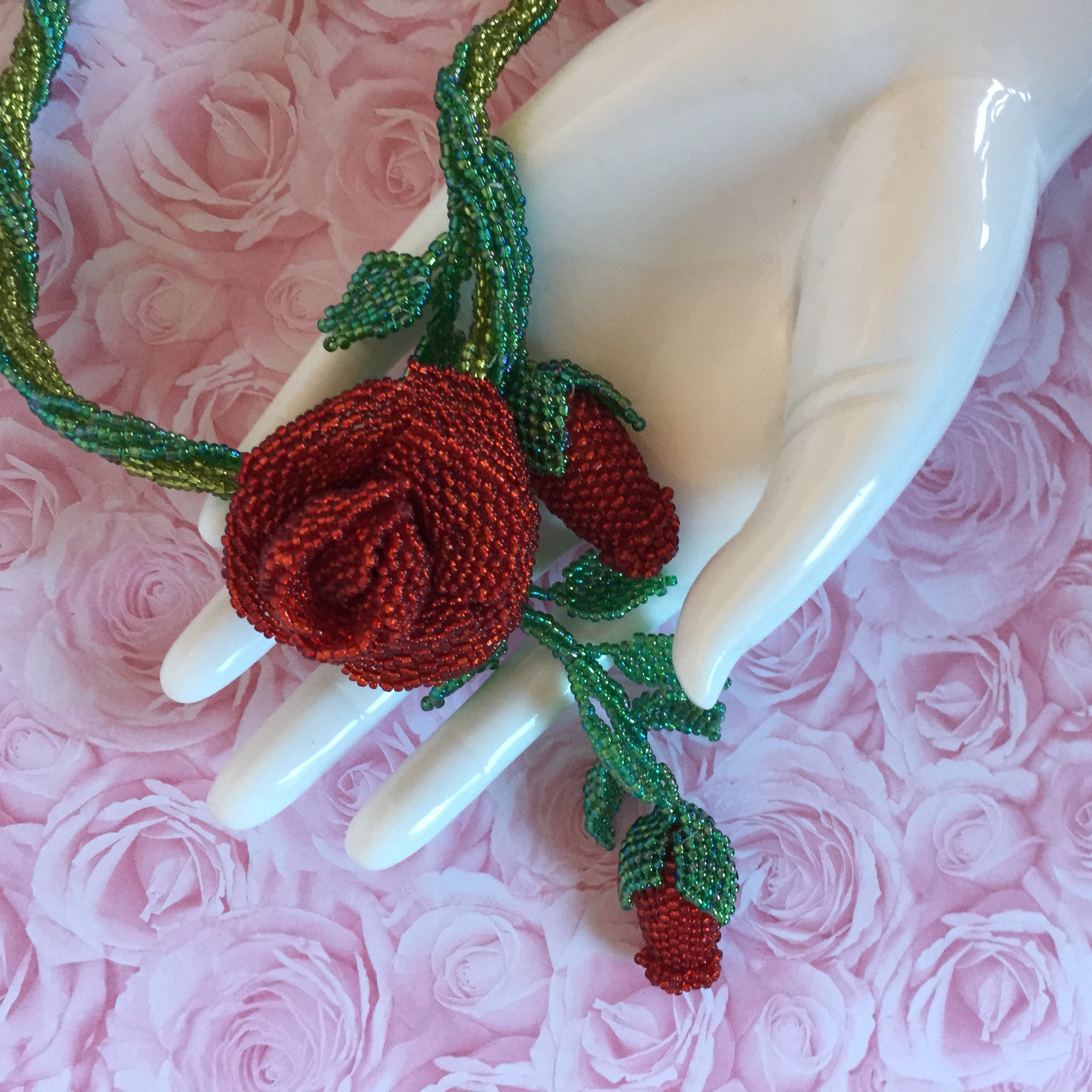 A Fairy-tale Shimmering Red Damask Rose Bead Necklace Symbolic - Etsy