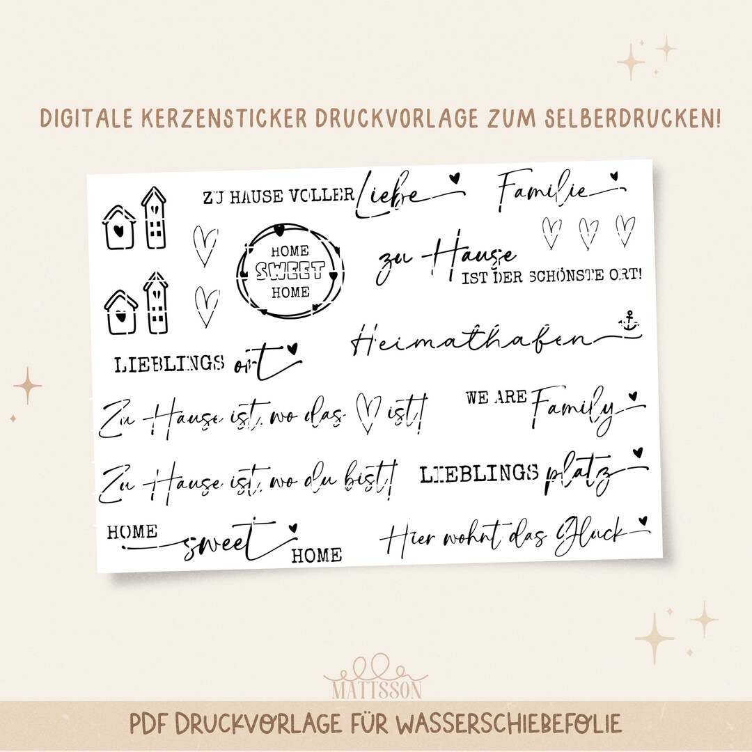 Digital Candle Stickers home Sweet Home Motifs and Lettering to Print ...