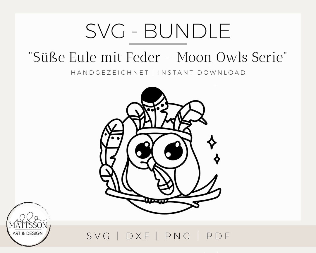 SVG Süße Eule mit Feder Moon Owls Serie Plotterdatei , Clipart, Digistamp, Datei für Cricut und ...