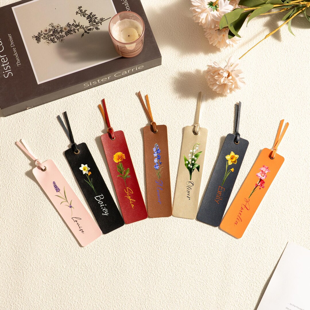 Personalized Birth Month Flower Leather Bookmark, Custom Name Bookmarks ...