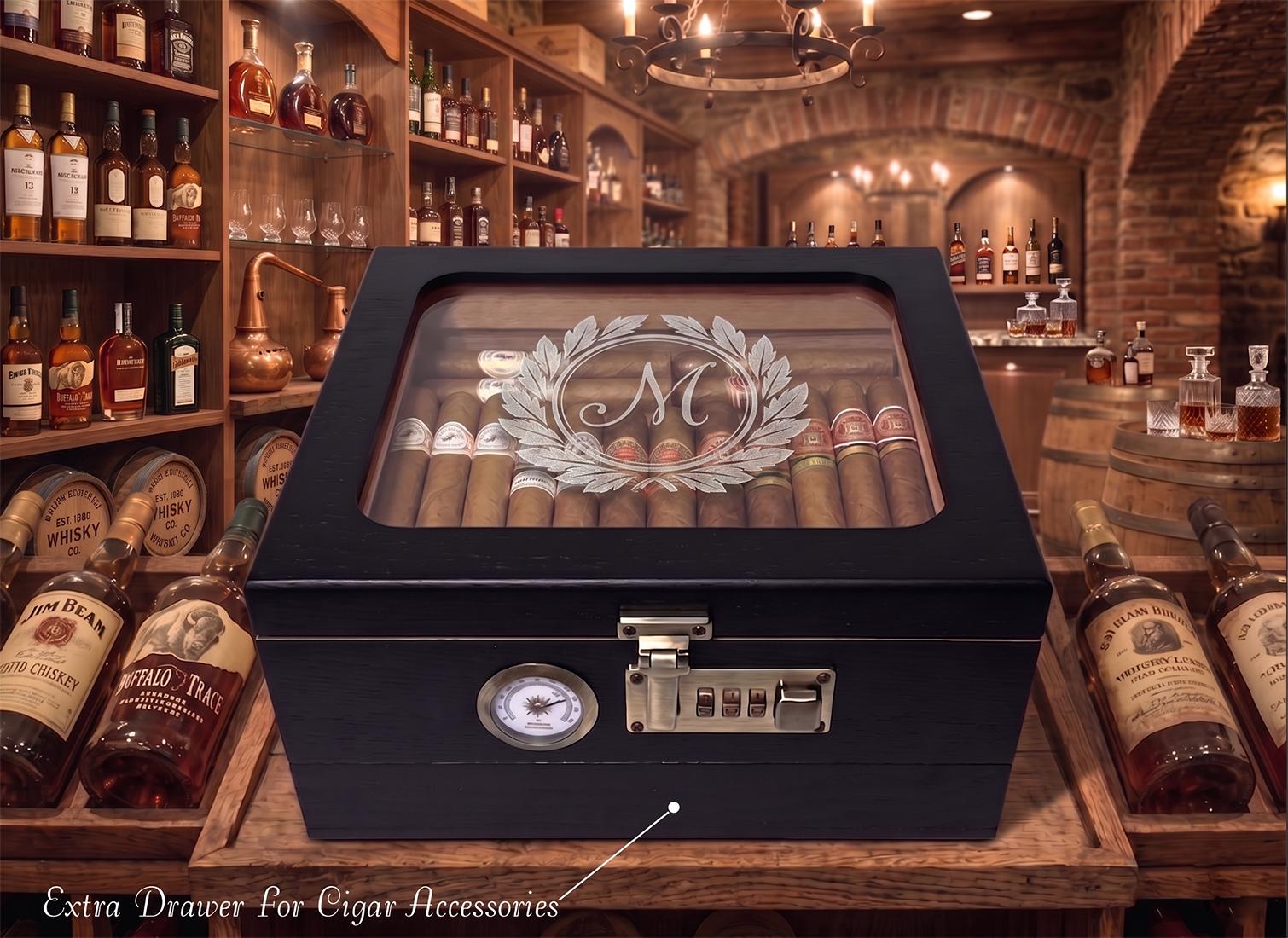 Personalized Cigar Humidor, Cedar Wood Cigar Box, Glass Top Desktop ...