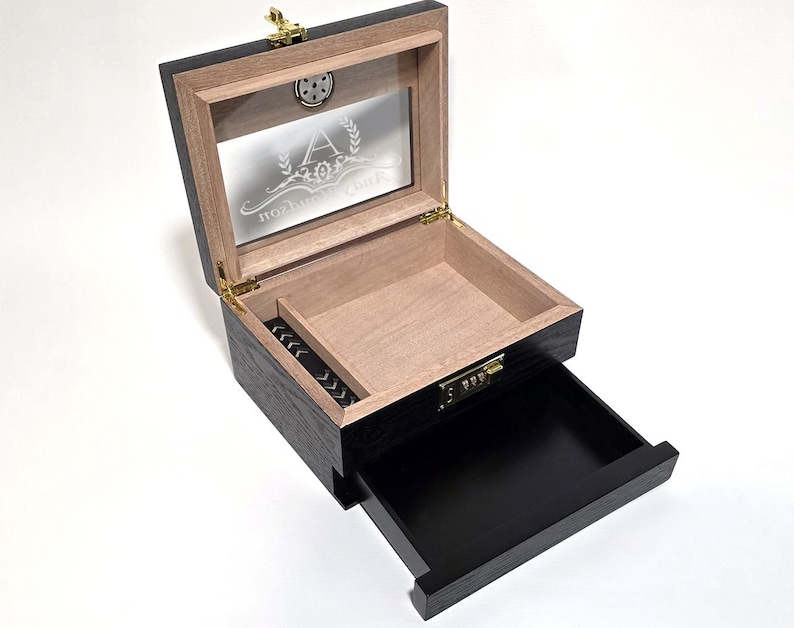 Personalized Cigar Humidor, Cedar Wood Box, Glass Top, Accessories ...