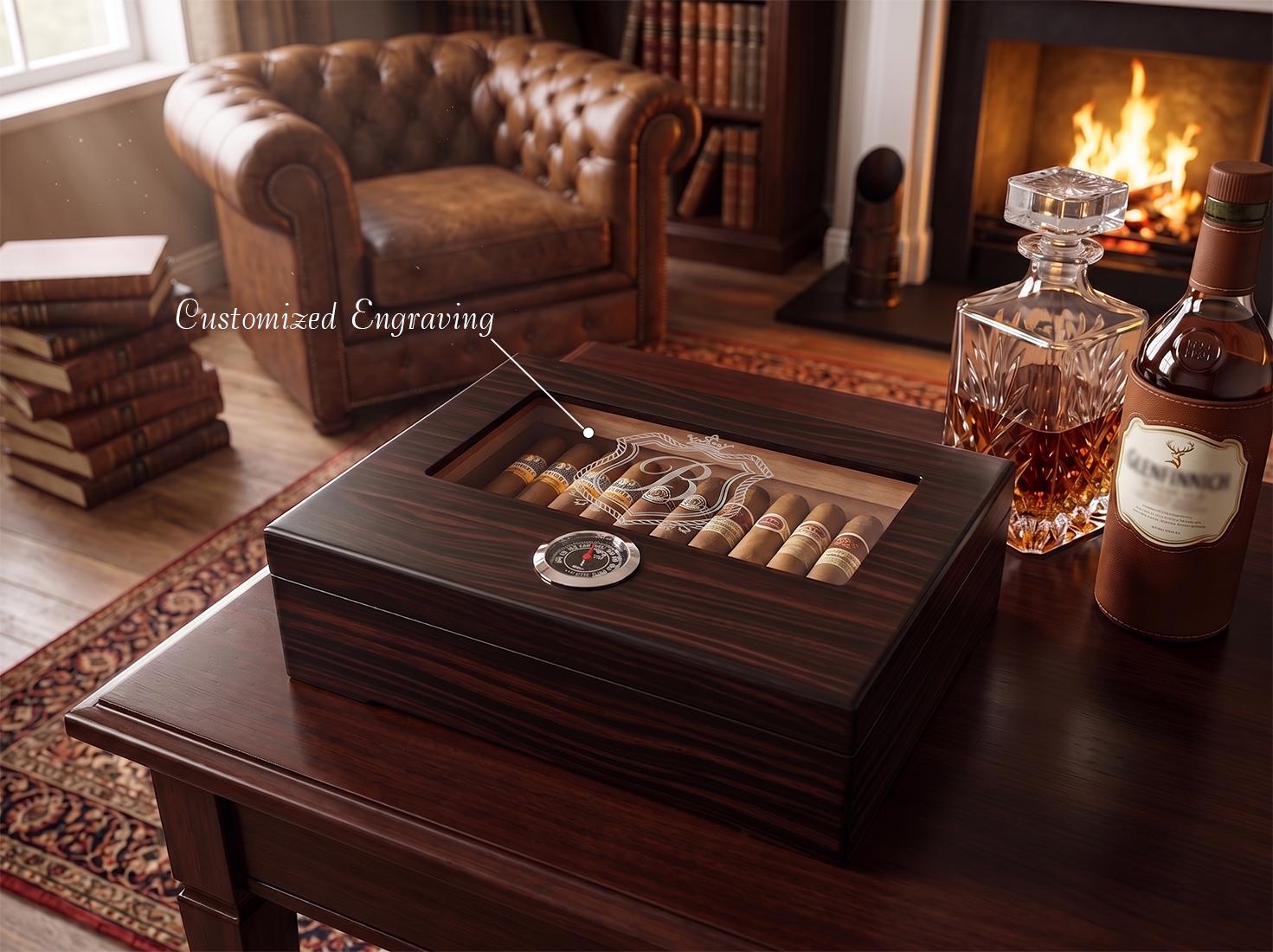 Personalized Cigar Humidor, Cedar Wood Cigar Box, Glass Top Desktop ...