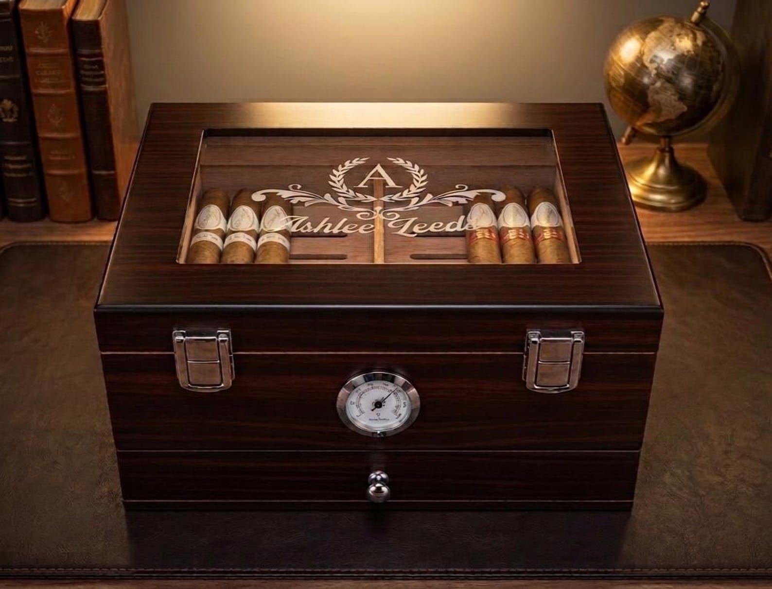 Personalized Cigar Humidor, Cedar Wood Box, Glass Top, Accessories ...