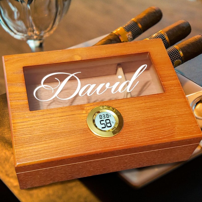 Personalized Cigar Humidor, Cedar Wood Box, Glass Top, Accessories ...