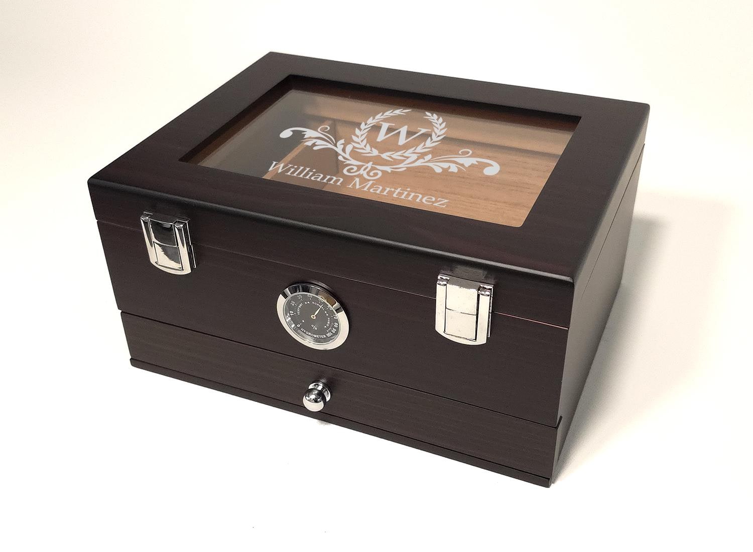 Personalized Cigar Humidor, Cedar Wood Box, Glass Top, Accessories ...
