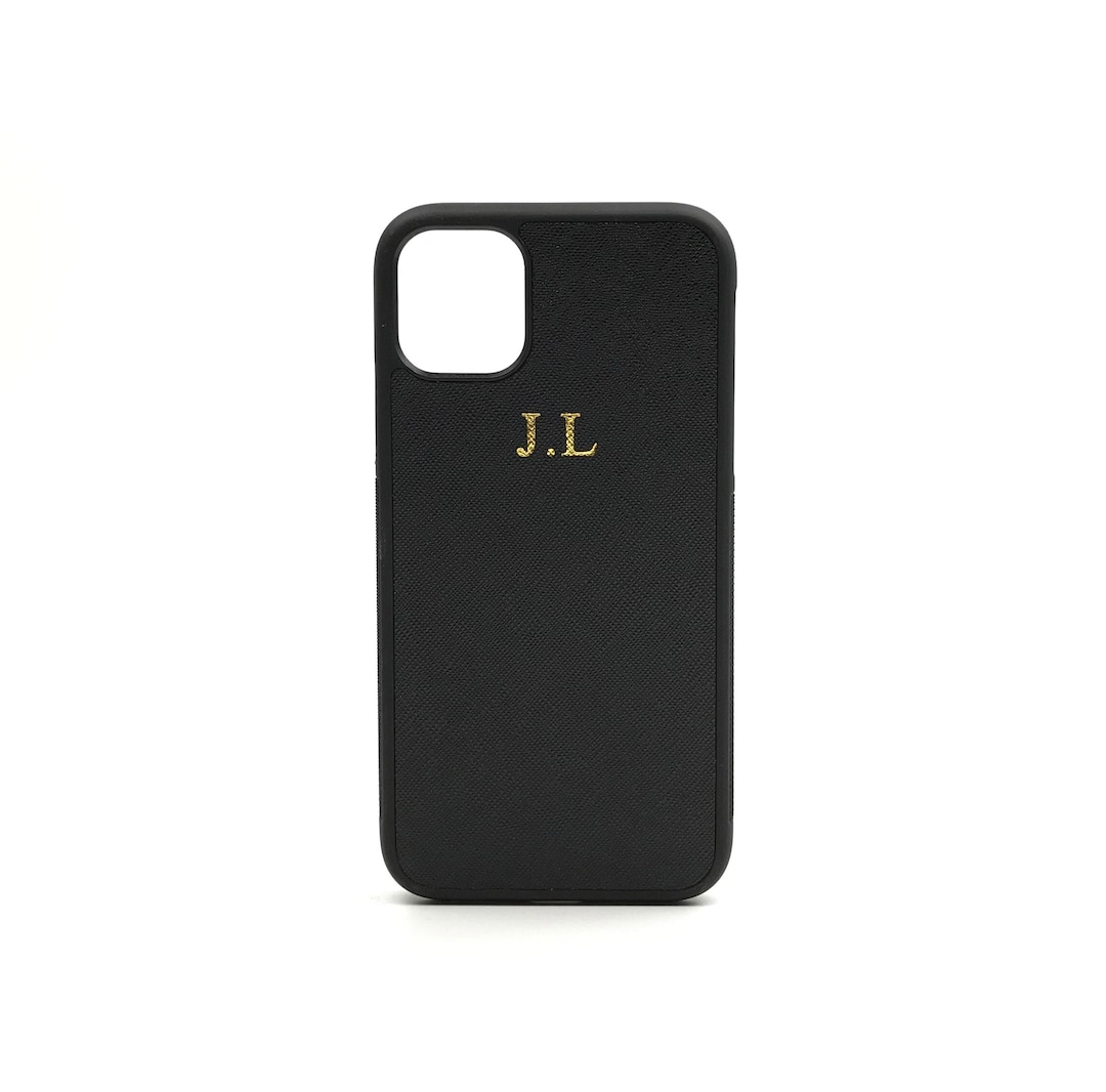 Personalised iPhone 12 Case. Monogrammed Black Saffiano Leather Case ...