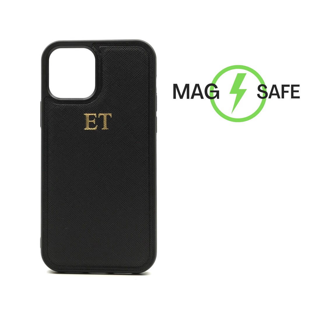 Magsafe Personalised iPhone 12 Case | Monogrammed BLACK VEGAN Leather ...