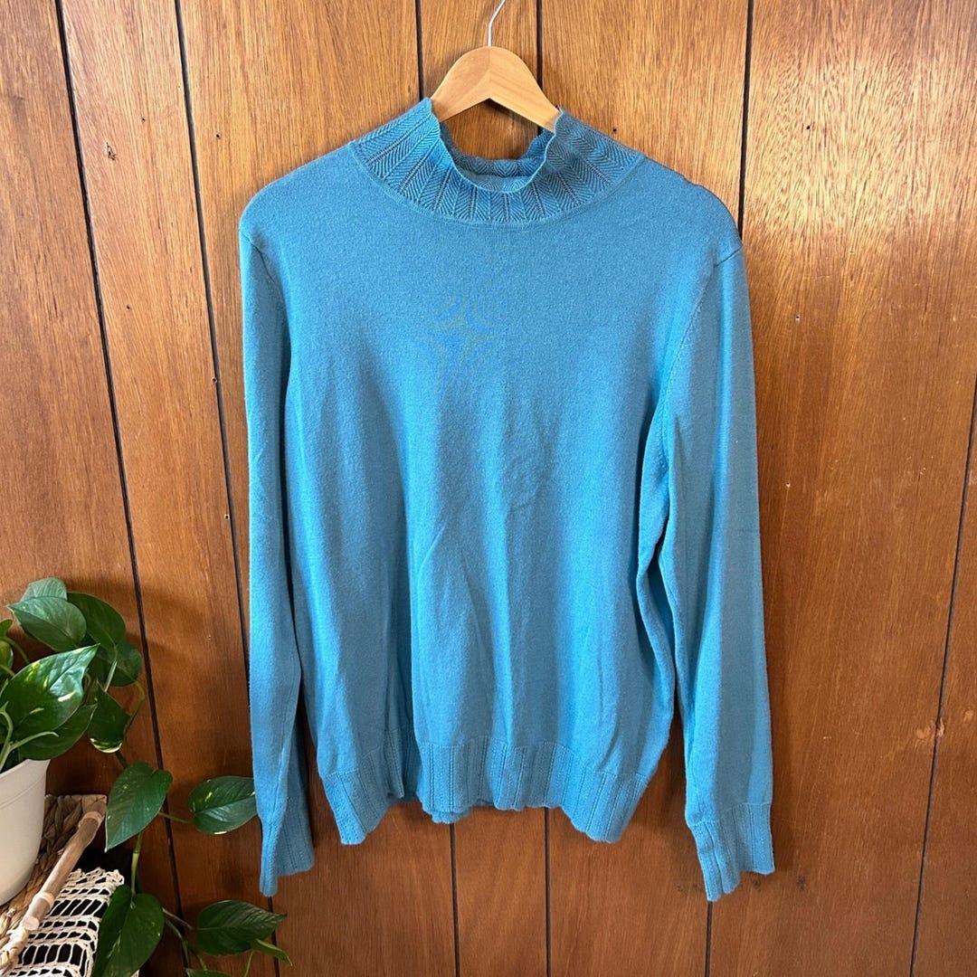 Vintage Joseph A Teal Blue Mock Neck Sweater Knit Top Women's Size L ...