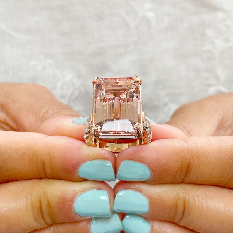 Emerald Cut Natural Peach Morganite and Emerald Cut Simulated Sides ...