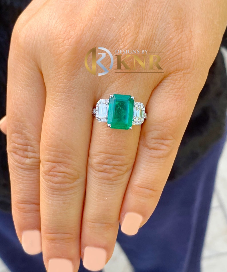 Large 14K Solid White Gold Green Emerald Cut Emerald And Round | Etsy