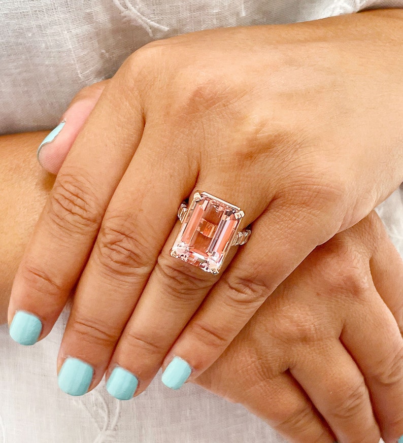 Emerald Cut Natural Peach Morganite and Emerald Cut Simulated Sides ...