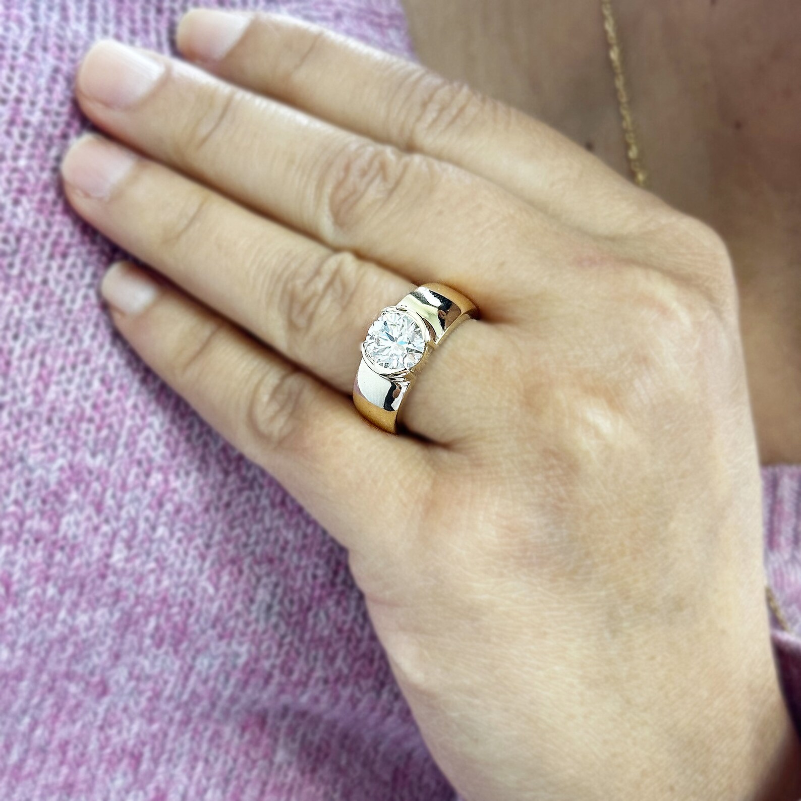 Round Cut Moissanite Solitaire Semi Bezel Set Engagement Ring Set in ...