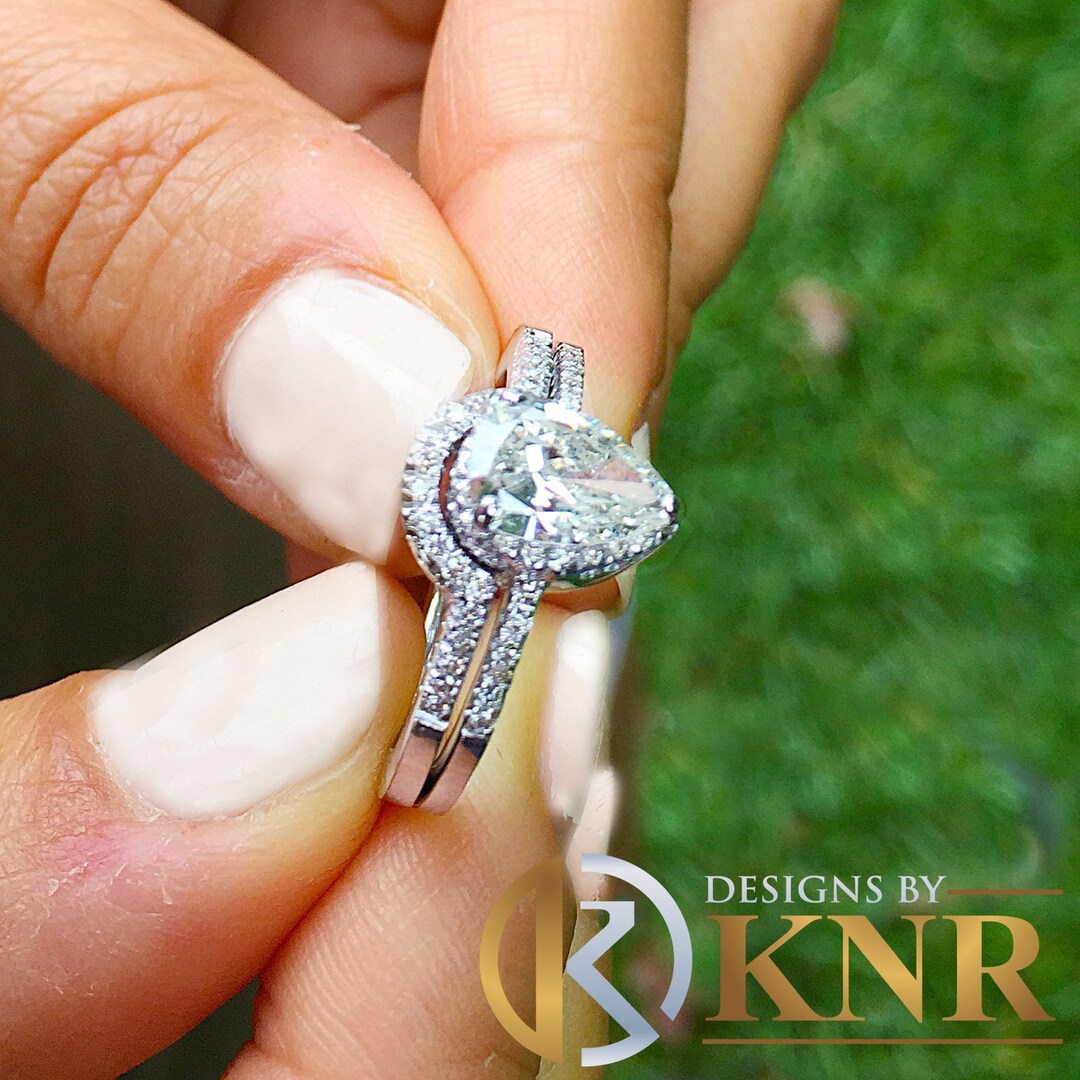 Pear Shape and Round Cut Sides Simulated Diamonds Engagement Ring and ...