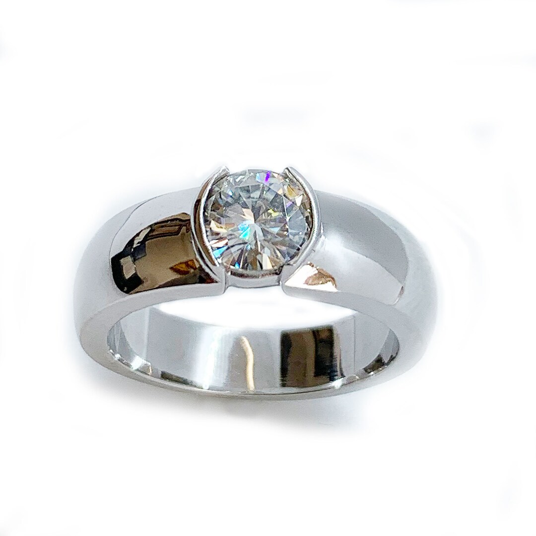 Round Cut Simulated Diamond Solitaire Semi Bezel Set Engagement Ring ...