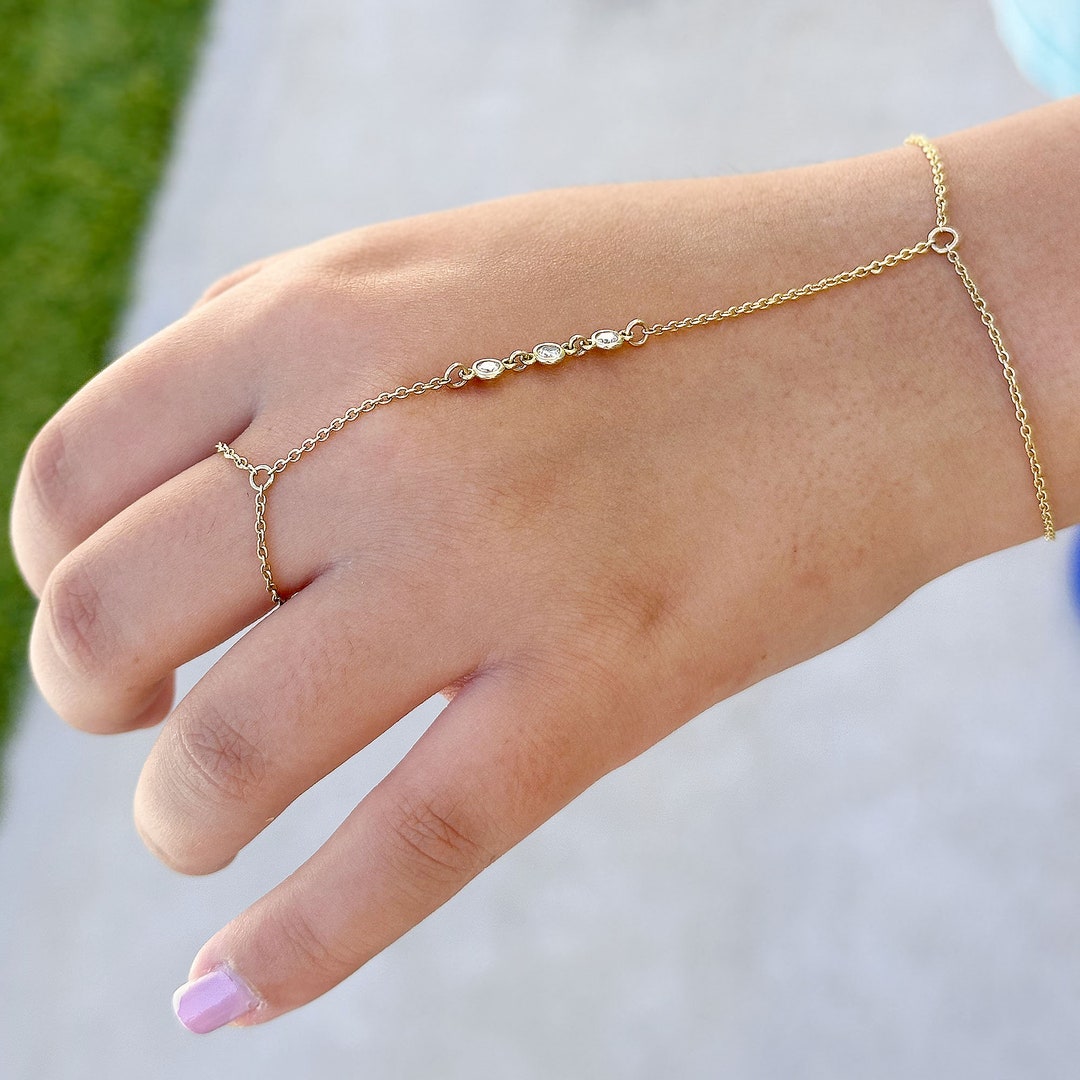 14k Solid Yellow Gold Finger Bracelet, Simulated Diamond Ring Bracelet ...