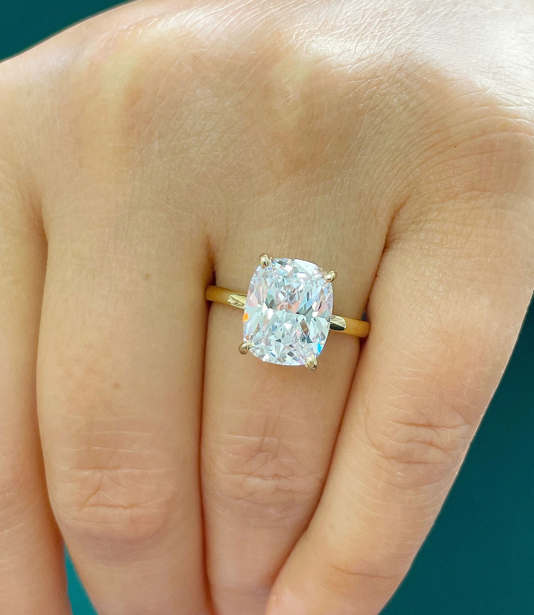Solitaire Rectangular Cushion Cut Moissanite Engagement Ring Four Prong ...